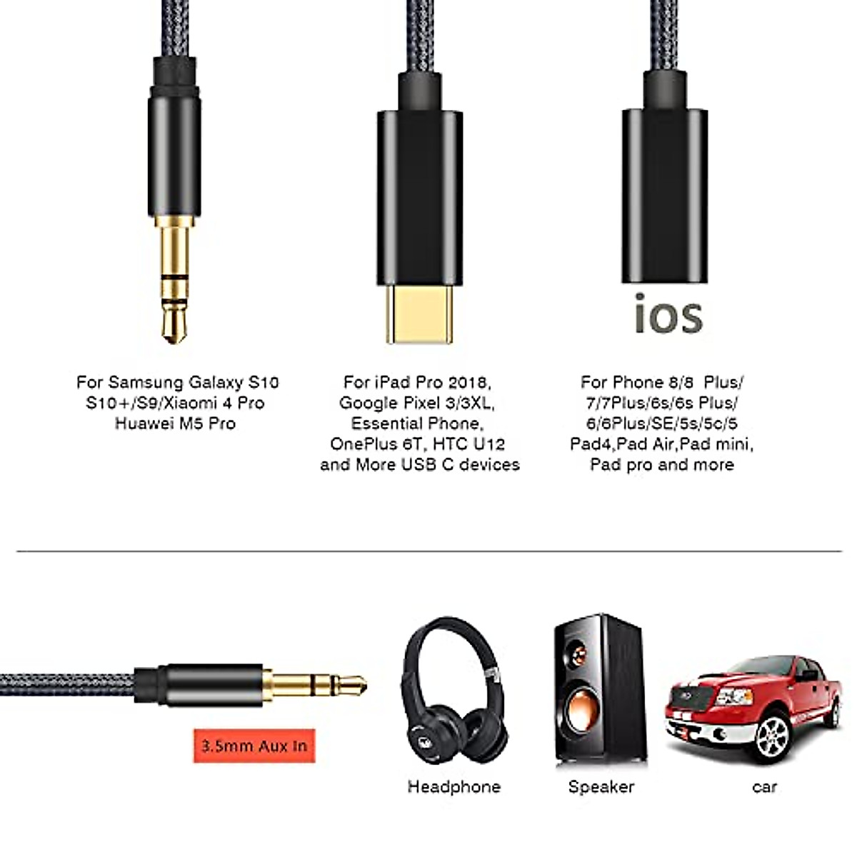 3 in 1 Car Aux Cable, 3 in 1 USB C to 3.5mm Audio Cord Car Stereo Aux Cable Compatible with Google Pixel 7/7Pro/6/6Pro/5/4/3, Samsung Galaxy S23/S22/S21FE/S9/S8, OnePlus, iPhone 14/13/12/XR/8 Plus/11