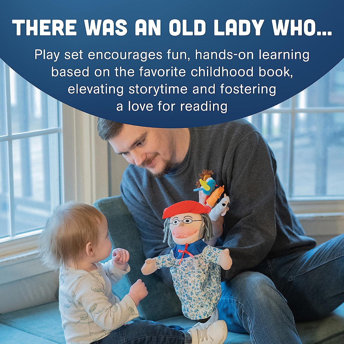 Constructive Playthings Plush "Old Lady" Doll and Animal Finger Puppet Props Set for "There Was An Old Lady Who Live Swallowed a Fly" Children's Book, For Kids Ages 3+