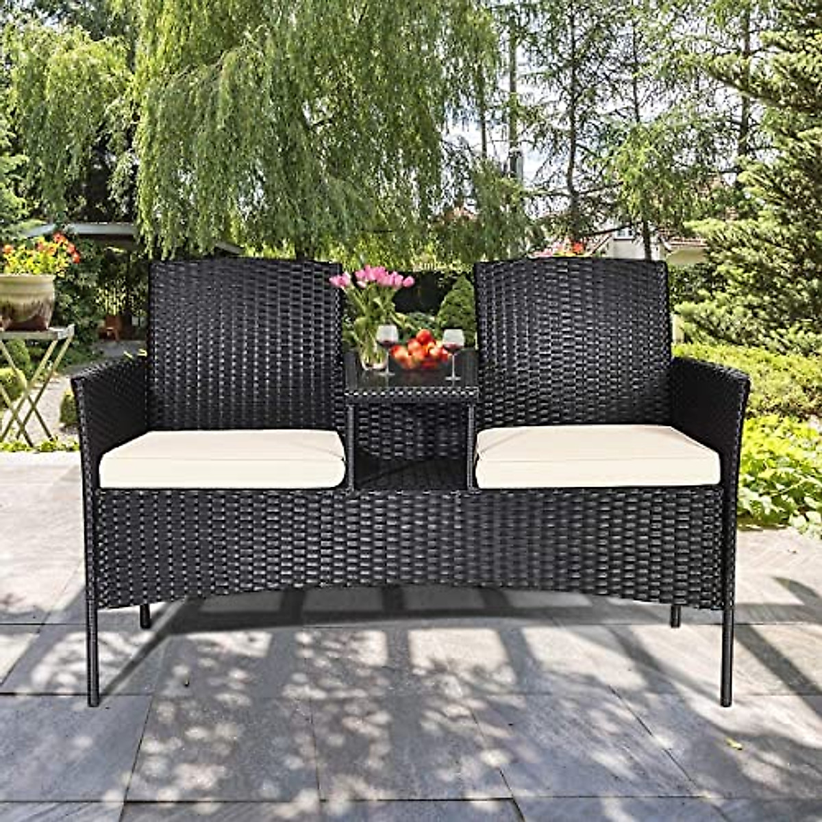 HAPPYGRILL Patio Rattan Loveseat Outdoor Porch Furniture PE Wicker Loveseat with Coffee Table Conversation Sofa with Cushions for Garden Lawn Backyard Poolside