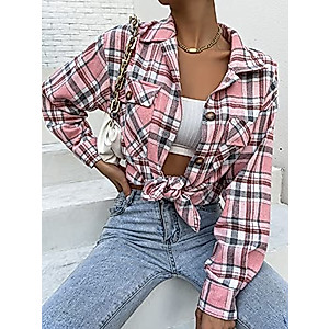OYOANGLE Women's Plaid Long Sleeve Button Front Drop Shoulder Tunic Blouse Flannel Shirts Pink White L