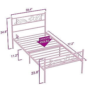 Weehom Metal Bed Frame Twin with Bed Storage,No Box Spring Needed,Heavy Duty Steel Slats Support for Boys Girls Teens Students Adults Pink