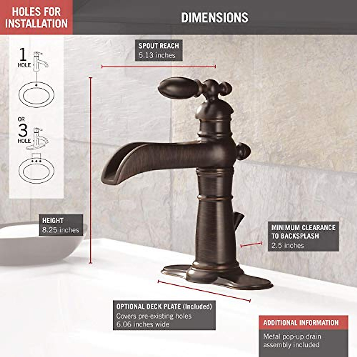 Delta Faucet Victorian Bronze Bathroom Faucet, Single Hole Bathroom Faucet, Waterfall Faucet, Single Handle, Metal Drain Assembly, Venetian Bronze 554LF-RB