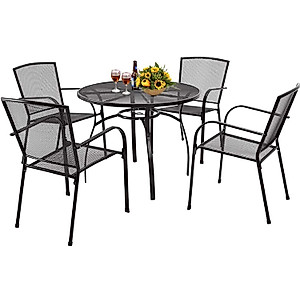 AECOJOY Metal Patio Table with Umbrella Hole, Outdoor Dining Table Steel Round Outside Table, Weather-Resistant Table 37 Inch for Lawn Backyard Garden Porch Bistro Dark Grey