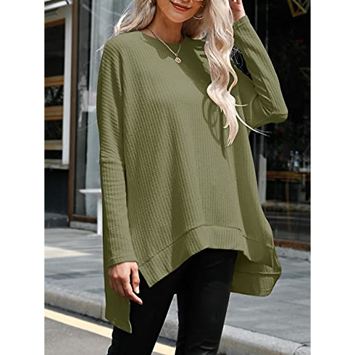 ANRABESS Sweaters for Women Oversized Long Batwing Sleeve Crewneck Waffle Knitted High Low Hem Casual Cozy Cute 2023 Fall Tunic Pullover Tops Poncho A138junlv-S Army Green