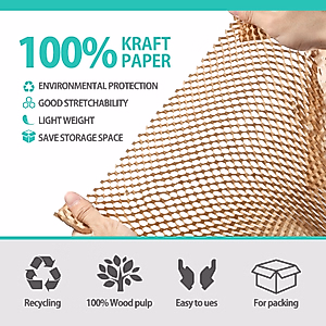 Honeycomb Packing Paper, 12" x 66' Cushioning Wrap Roll, Kraft Wrapping Paper for Shipping, with 20 Fragile Sticker Labels