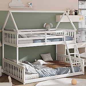 KOMFOTT Wood Twin Over Full House Bunk Bed with Built in Ladder, Solid Pine Wood Bunk Bed Frame with Safety Guardrails, House Bunk Bed Frame for Kids, Teens, Juniors, No Box Spring Needed (White)