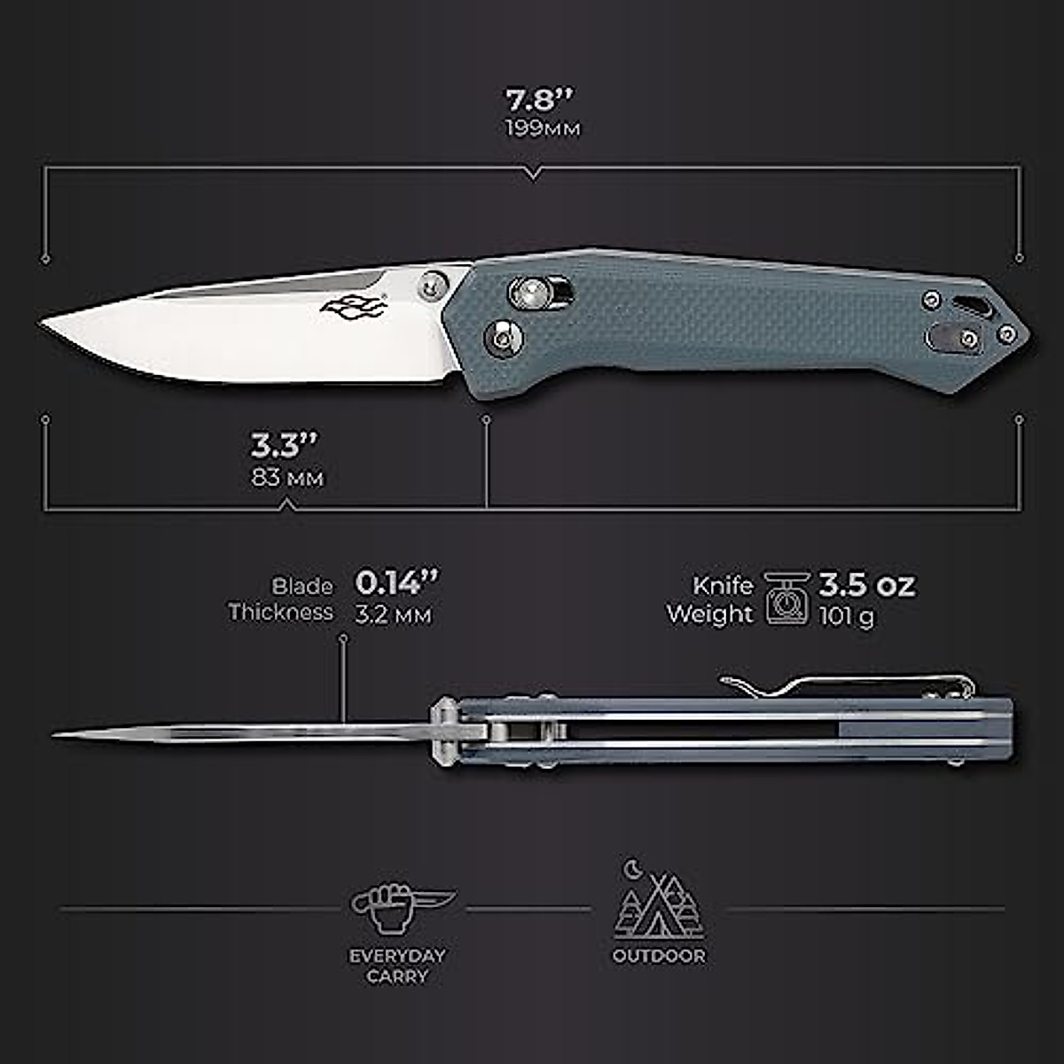 Firebird Ganzo FB7651-GY Pocket Folding Knife 440C Stainless Steel Blade G10 Anti-Slip Handle with Clip Hunting Fishing Camping Folder Outdoor EDC Knife (Grey)