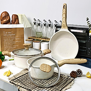 Wodillo Pots and Pans Set Nonstick, Beige Induction Kitchen Cookware Sets, Healthy Skillet Non Sticking Saute Pan & Saucepans(PFOS, PFOA Free)