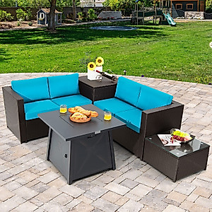 Tangkula 5 Piece Patio Furniture Set with 50,000 BTU Propane Fire Pit Table, Outdoor Wicker Conversation Set w/Cushions, Storage Box and Tempered Glass Coffee Table, 30” Gas Fire Pit Table (Turquoise)