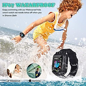 Kids Smart Watch, IP67 Waterproof LBS Positioning Watch HD Touch Screen, with SOS Two-Way Call Clock Camera SIM Card Slot Compatible with iOS and Android（Black）