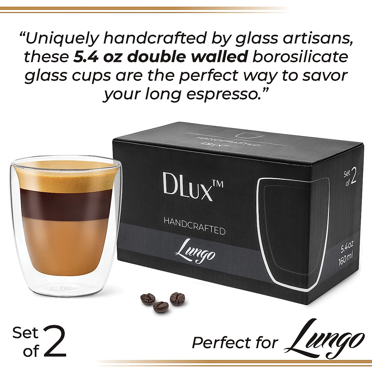 DLux Coffee Mugs, 5.4oz Latte Clear Glass Set of 2 Cups, Lungo Double Wall Insulated Borosilicate Glassware Cup - Wine, Tea Glasses