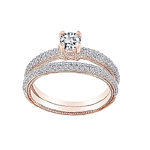 AFFY 0.85 Carat Round Shape White Natural Diamond Semi Mount Wedding Engagement Ring Set 18K Solid Rose Gold Ring Size-5