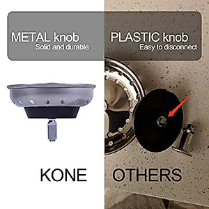 KONE 2PCS Kitchen Sink Basket Strainer Replacement for 3-1/2 Inch Standard Drains Brushed Stainless Steel Body Metal Center Knob with Rubber Stopper