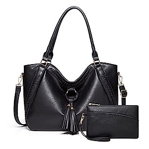Large Purses for Women Leather Handbags Hobo Bags Shoulder Crossbody Bag with Tassel (Black)