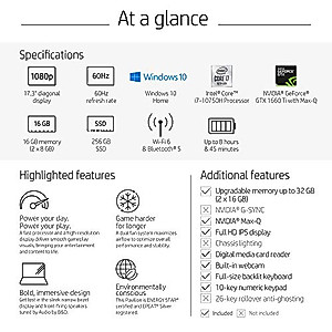 HP Pavilion Gaming Laptop 17-inch, Intel Core i7, NVIDIA GeForce GTX 1660 Ti with Max-Q, 16 GB RAM, 256 GB SSD, Windows 10 Home (17-cd1030nr, Shadow Black)