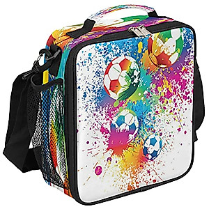 Watercolor Soccer Lunch Box for Kids Sport Football Lunch Bag for Girls Boys Insulated Freezable Lunchbox with Adjustable Shoulder Strap, Cooler Tote Bag for School, Travel, Picnic, Beach