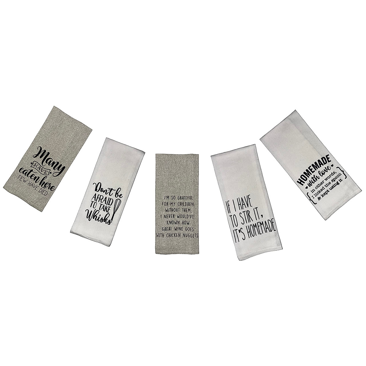 Set of 5, 100% Cotton Cooking Food Theme Saying Funny Cute Flour Sack Kitchen Towels/Dish Towels for Wedding, Baby Shower, Home Decor, Housewarming, Other Occasions Size: 15 X 25 Inch.