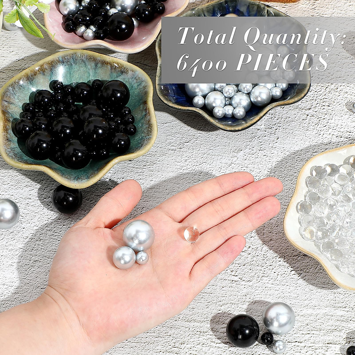 Sureio 6400 Pieces No Hole Pearls for Centerpieces Vase Filler Beads Clear Water Gel Polished Pearls for Home Candle Wedding Birthday Party Table Decor 8/14/20 mm (Black Silver)