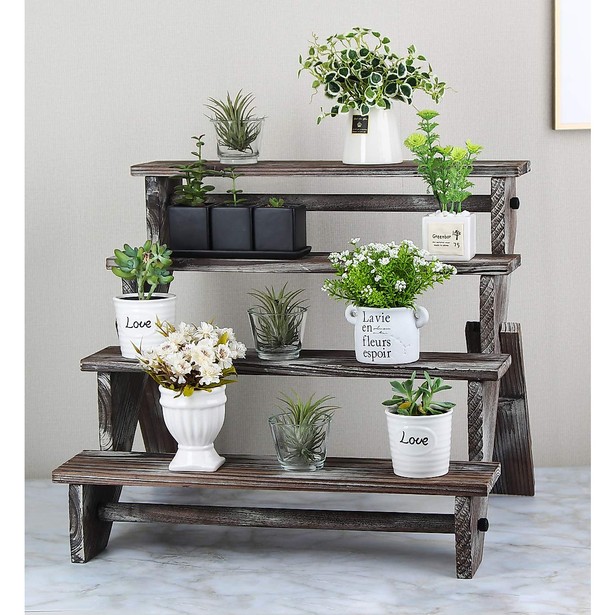 J JACKCUBE DESIGN Rustic Wood Display Stand, 4 Tier Cupcake Stand Stair Shelf, Portable Display Riser, Included Bag for Storage, Decorative Dessert Stand - MK578A