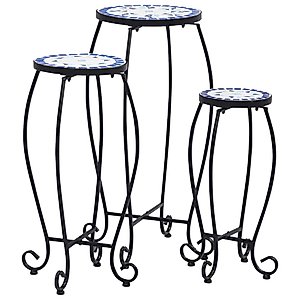 VRAXO Mosaic Tables 3 pcs Blue and White Ceramic,Plant Stands-24.42lbs
