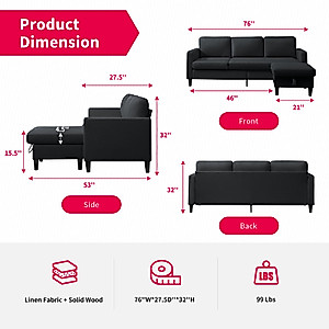 MUZZ Sectional Sofa with Movable Ottoman, Modern Linen L-Shaped Couch,3-Seater Sofa with Storage Ottoman,Free Combination Sectional Couch for Living Room/Office(Dark Grey)