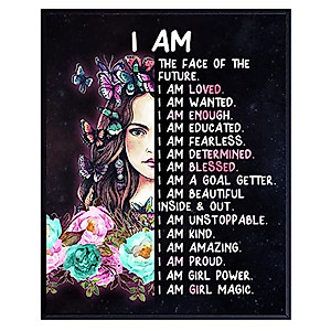 Teen Girls Bedroom Wall Art - Positive Quotes - I Am Tween Little Girls Bedroom Decor - Cute Daughter Gifts - Inspirational Sayings for Wall Decor - Positive Affirmations Wall Decor Poster 8X10