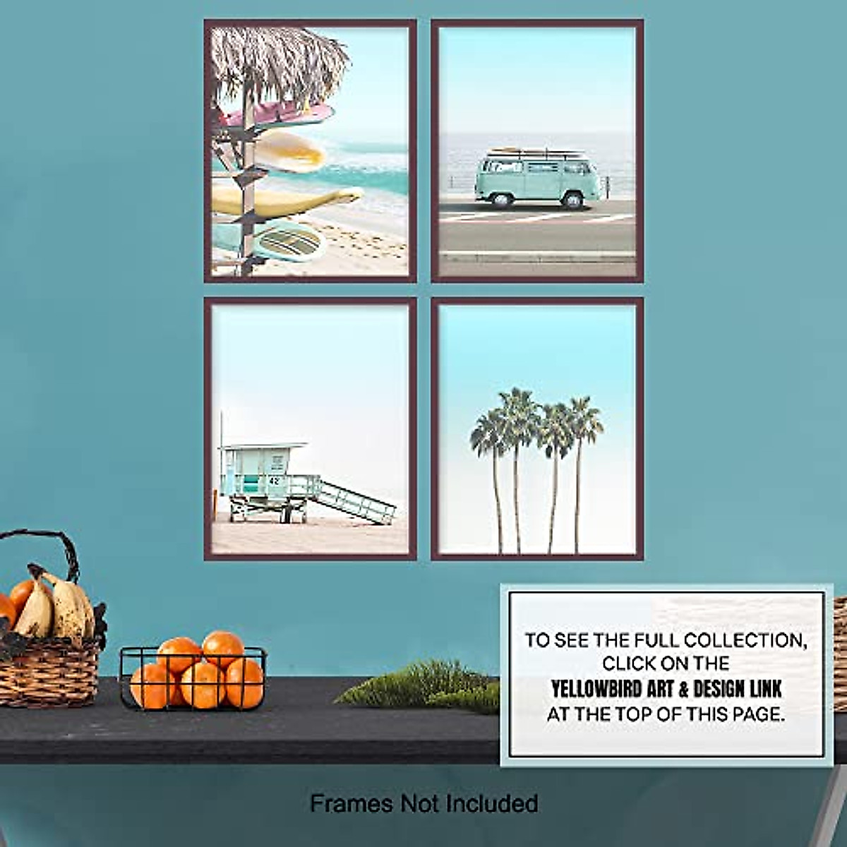 Beach Art Print Set - Tropical Palm Trees, Surfing 8x10 Wall Art Posters - Unique Home Decor for Lake or Ocean House, Bathroom, Bedroom, Living Room, Office - Gift for Surfers - Nautical Photo Poster