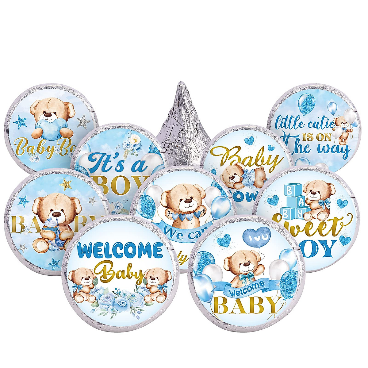 Clabby 504 Pieces Boy Girl Baby Shower Favors Stickers Mini Kisses Candy Stickers Chocolate Drop Labels Wrappers Little Cutie Baby Shower Decoration for Sprinkle Birthday Party(Blue Bear)