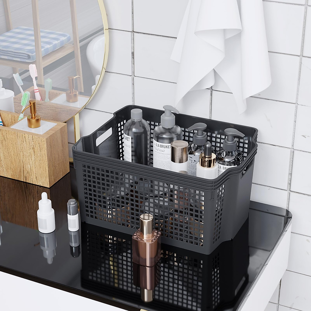 Drephia 12 Pack Large Storage Plastic Basket, Stacking Organizer Bins, 14.17" x 10.70" x 7.12", Black