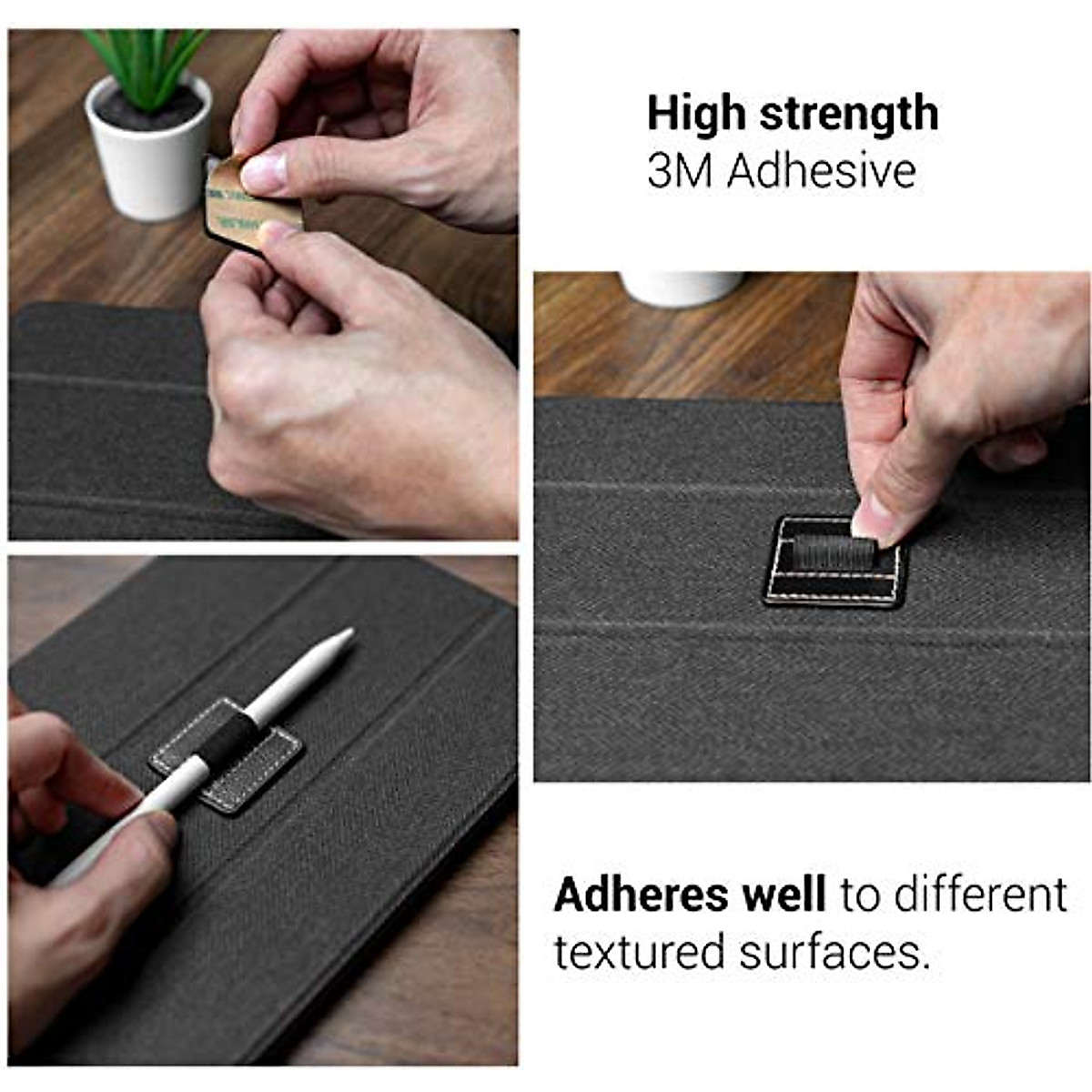 TineeOwl Pen Holder for Apple Pencil (Improved), Adhesive Loop for Books, Surface Laptop, Journal & More - 3M Self-Adhesive Vegan Leather Elastic Pencil Loop (3 PACK) - Black