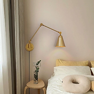 SUNLLOK Modern Gold Plug in Wall Sconce with Switch - Industrial Adjustable Swing Arm Hanging Wall Light Fixture - Indoor Metal Rustic Reading Wall Mounted Lamp Decoration for Living Room Kids Bedroom