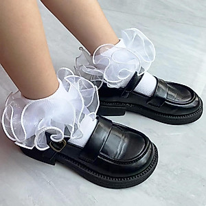 Yepami 3 Pairs Girls Ruffle Socks Big Double Lace Frilly Trim Dress Socks (White, Small, 2_years)