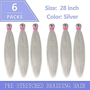 ZERAL Pre Stretched Braiding Hair 6 Packs 28 Inch Long Braiding Hair Professional Synthetic Braiding Crochet Twist Braids Yaki Straight Texture Hair Hot Water Setting (Silver)