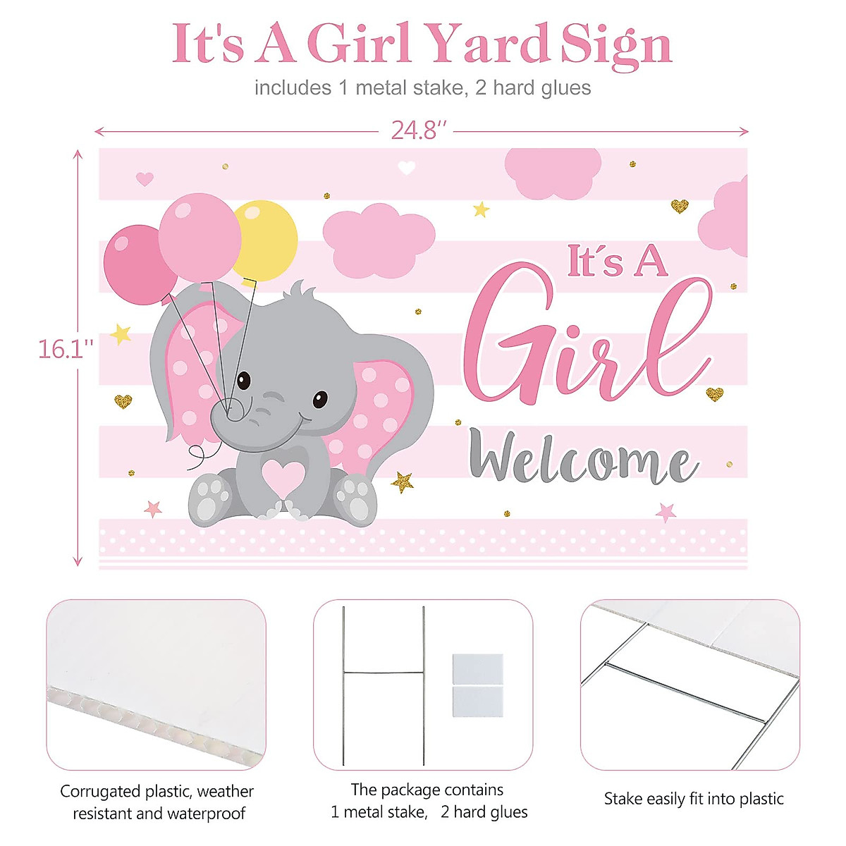 Baby Shower Yard Sign with Stake Gender Reveal Yard Sign Blue Pink Elephant Lawn Sign Baby Bear Lawn Sign Welcome Baby Announcement Sign for Boy Girl Outdoor Baby Shower Party Decorations(It's Girl)