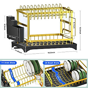IBEDMAZIE Dish Drying Rack Gold, Multifunctional Dish Racks for Kitchen Counter with Drainboard 2 Tier Dish Drainer Large Capacity for Dish/Knifes/Cup/Cutting Board