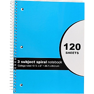 4-Pack 10½" x 8" 3 Subject Spiral Notebook, College Ruled, 120 Sheets per