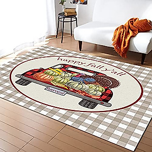 Indoor Area Rugs Thanksgiving Turkey Truck Pumpkin Non-Slip Floor Mats Grey Check Rectangular Carpet Soft Washable Rugs for Living Room/Bedroom/Hallway Home Decor - 2x3 Feet