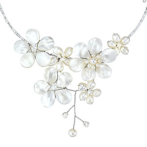 AeraVida Elegant Bridal Floral Mother of Pearl and Freshwater White Pearl Cluster Choker Wrap Necklace