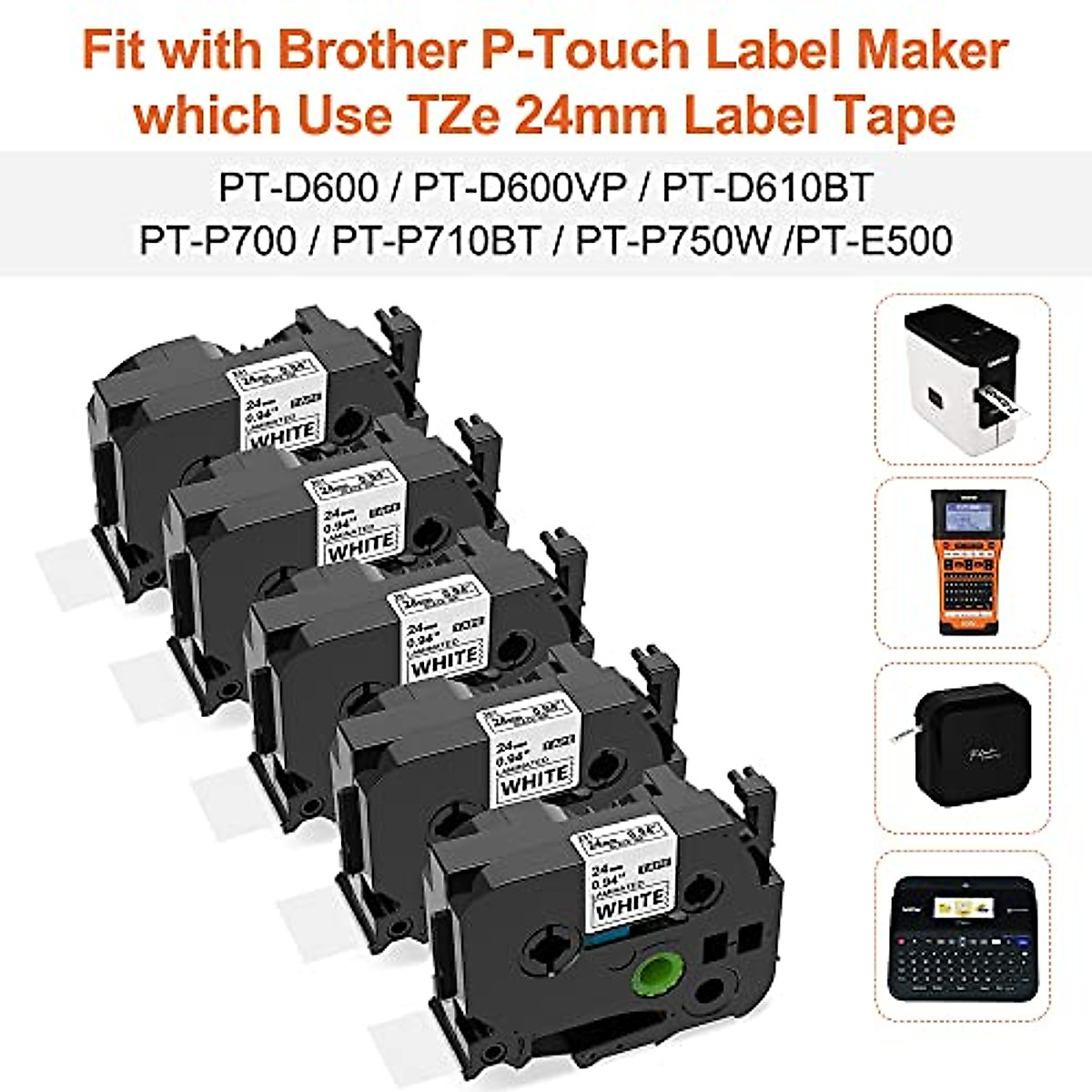 TZe Label Tape 24mm Compatible with Brother TZe-251 P-Touch Label Tape 24mm 0.94'' Laminated White for Brother Ptouch PT-D600 PT-D610BT PT-P710BT PTP750W PT-P700 Label Maker, Black on White, 5 Pack
