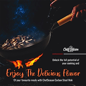ChefSeason Carbon Steel Wok - 13.4" Flat Bottom Wok for Stir-Frying - Large Uncoated Pre-Seasoned Chinese Wok - fits Electric, Induction, and Gas Cooktops - Free Shopping Bag