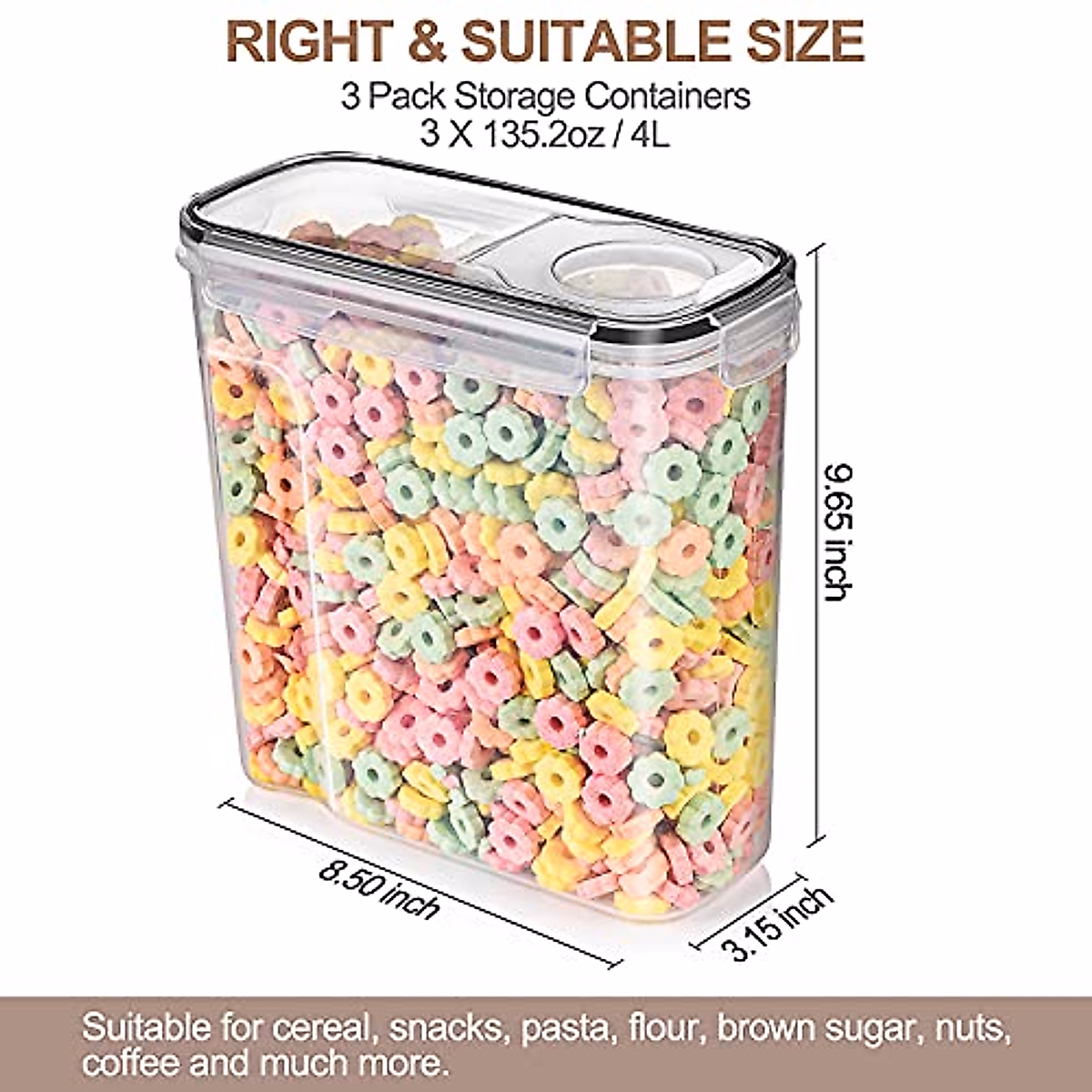 3 Pk Cereal Containers Storage Set 135.2oz/4L Each, Airtight Food Storage Containers, Large Cereal Dispenser, Kitchen Pantry Organization Containers, with Labels and Measuring Spoons