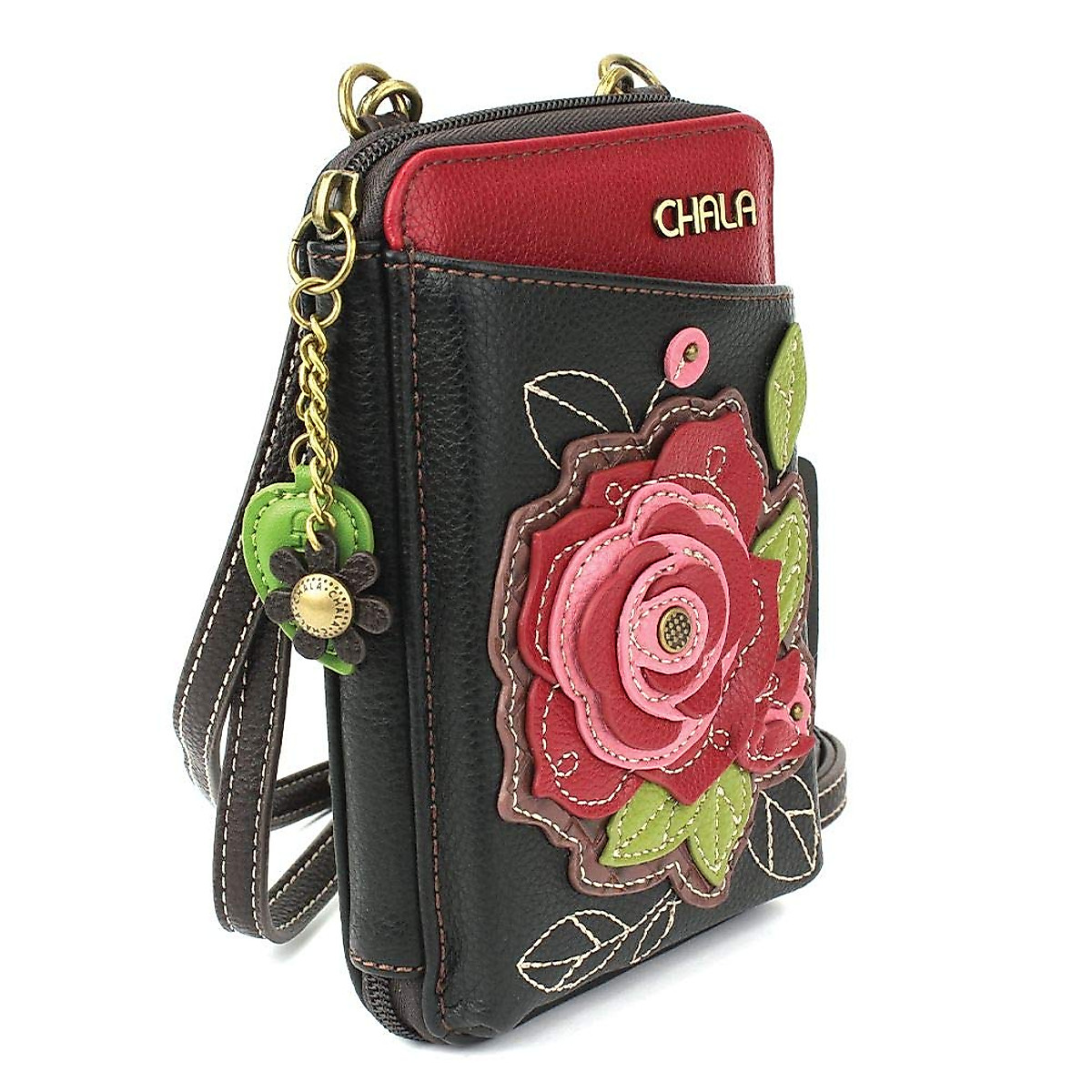 Chala Group Chala Handbags Red Rose Wallet Crossbody Handbag, Convertable Strap, 5.25 inchw x 7.5 inchh x 1.5 inchd, Burgundy