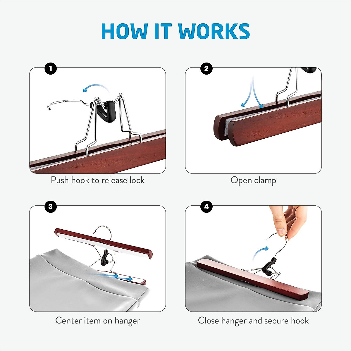 ZOBER High-Grade Wooden Pants Hangers with Clips, 10 Pack, Non-Slip, Space Saver, Rotatable 360 Hook, Smooth Cherry Wood Finish