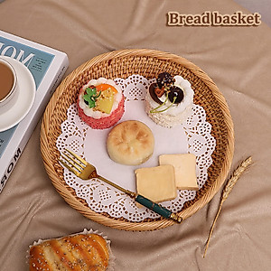 Rattan Fruit Bread Baskets, Stackable Round Handwoven Food Serving Tray Tabletop Decorative Basket for Organizing Kitchen Countertop Serving Nuts Candy Cracker Vegetables (7.9 in)