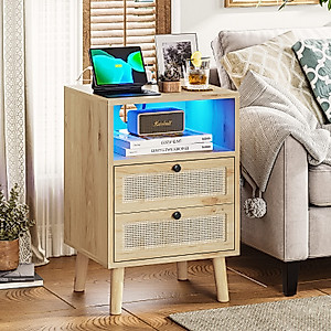 VIAGDO Rattan Nightstand with Charging Station, Led Night Stand with 2 Rattan Drawers, Bedside Tables with Solid Wood Feet, End Side Table with Open Storage Shelf for Bedroom