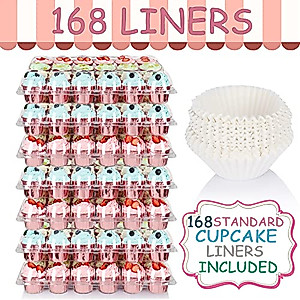 Farielyn-X (24 Pack x 7 Sets) Stackable Cupcake Carrier Holders with 168 Pack Cupcake Liners, Plastic Boxes for 24 Cupcakes, Clear Disposable Tall Dome Lid Cupcake Trays/Containers