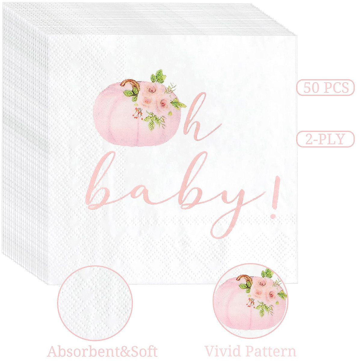 Pink Little Pumpkin Paper Napkins 6.5 x 6.5 Inches Fall Party Napkins Girl Baby Shower Tableware Decoration 50 Pack