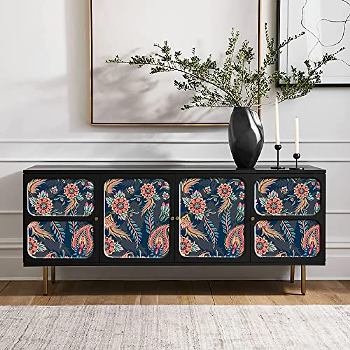 JiffDiff Floral Wallpaper Peel and Stick Vintage Wallpaper Paisley 17.3"x118" Navy Dark Blue/Pink Wallpaper Self Adhesive Contact Paper for Home Bedroom Cabinets Renter Friendly Wallpaper