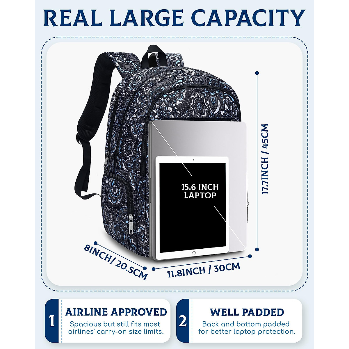 Large Travel Backpack for Women College Campus Bookbag XL Lightweight School Bag Fits 15.6 Inch Laptop Water-resistant Casual Daypack Airline Approved Carry On Backpack Grey Paisley Mochilas De Mujer