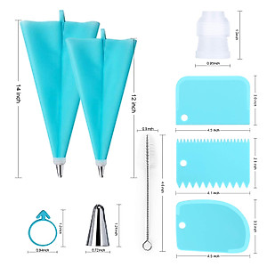 34Pcs Piping Bags and Tips Set, Bake Cake Decorating Kit with 24 Stainless Steel Tips, 2 Reusable Silicone Pastry Bags, 3 Icing Smoother, 2 Couplers, 2 Frosting Bags Ties and 1Pipe Brush